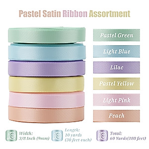 DINDOSAL Pastel Ribbon Assortment - 3/8" Double Face Satin Ribbon, 6 Rolls, 60 Yards for Gift Wrapping, Wedding Party Decorations