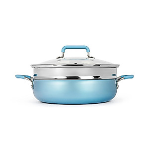 Granitestone Nonstick Everyday Pan Stir Fry Pan Multi-Purpose Pan 3 Piece Set with Tempered Glass Lid & Stainless-Steel Steamer, 5.5 Qt, Dishwasher Safe - 100% PFOA FREE, Turquoise