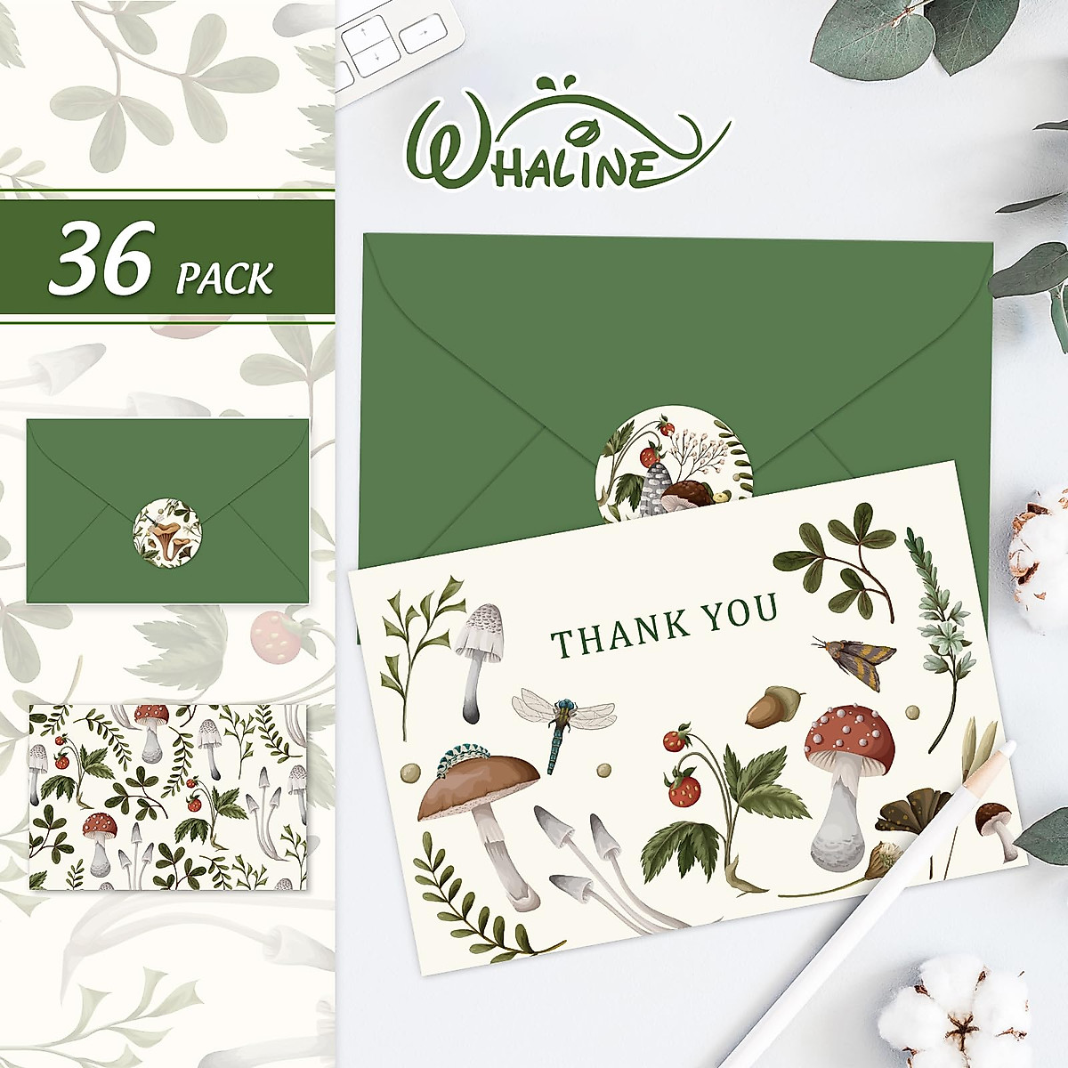 Whaline 36 Pack Vintage Mushroom Thank You Cards 6 Designs Plants Greeting Cards with Envelopes Stickers Retro Blank Note Cards for Party Invitation Supplies, 4 x 6 Inch