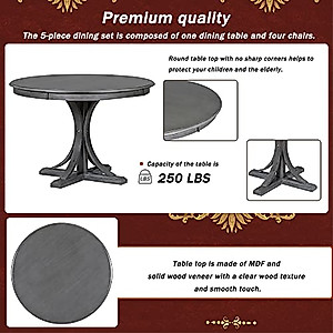Goozio 5-Piece Retro Round Dining Table Set with Curved Trestle Style Legs and 4 Upholstered Chairs for Kitchen Room,Dark Gray