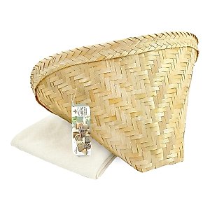 Traditional Sticky Rice Cooking Basket Handcrafted THAI Bamboo Wing Design with 24x24 Inch Cheesecloth Wrap Included