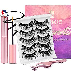 Sikkis Magnetic Eyelashes with Eyeliner - Magnetic Eyelashes Mink Look Kit, Mixed 3D Mink Magnetic Eyelashes Reusable False Lashes with Applicator, No Glue Needed (5-Pairs) (mink look)