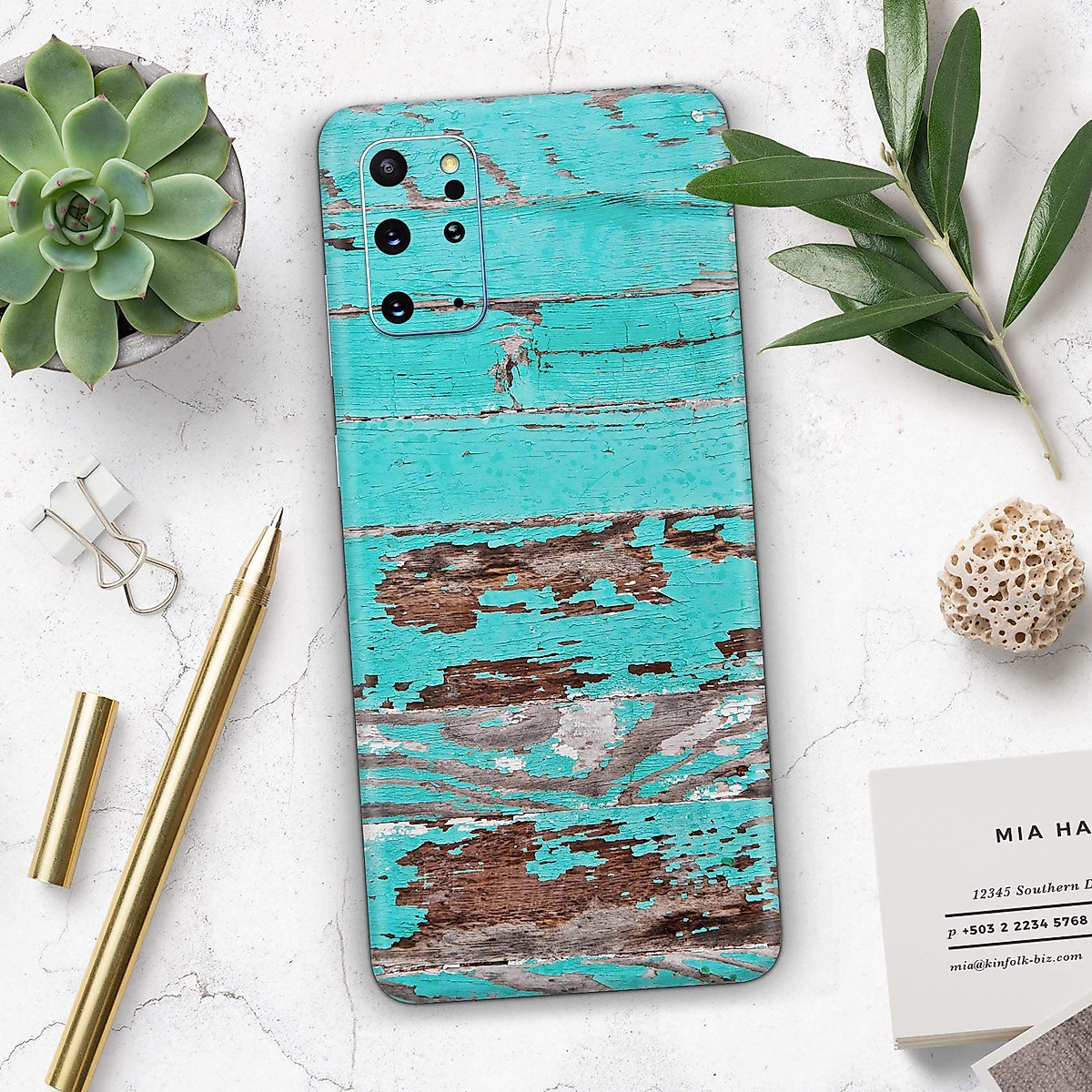 DesignSkinz Turquoise Chipped Paint on Wood Protective Vinyl Decal Wrap Skin Cover Compatible with The Samsung Galaxy S20 (Screen Trim & Back Glass Skin)