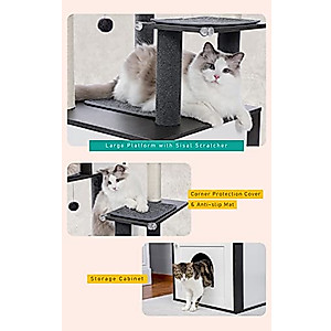 PETEPELA Modern Cat Tree Wood Cat Tower with Storage Cabinet Litter Box Enclosure and Spacious Cat Condo, Large Top Perch and Hammock, Sisal Covered Scratching Posts for Cats Black