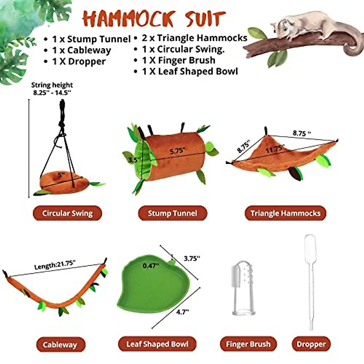 5 Pcs Sugar Glider Supplies Cage Accessories Hammock Set Hanging Cage Bed Hideout for Small Animal Pets Hamster Rat Guinea Pig Squirrel Gerbils