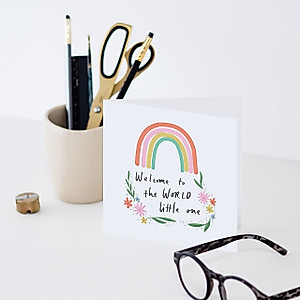 Old English Co. Welcome To The World New Baby Card - Cute Nursery Flower Rainbow Card for Baby Girl or Boy | Congratulations to New Parents | Blank Inside & Envelope Included