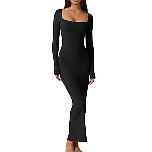 QINSEN Long Dresses for Women Sexy Square Neck Long Sleeve Bodycon Maxi Dress Black XS