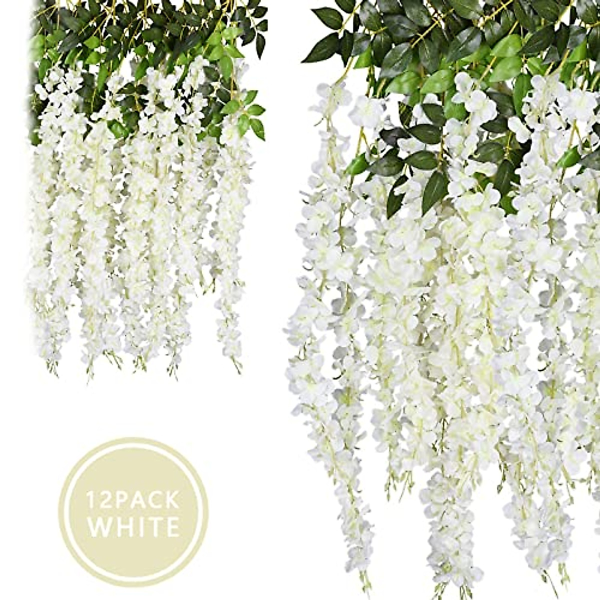 GOOCHOO 12 Pack 3.6 Feet Artificial Fake Wisteria Vine Ratta Hanging Garland Silk Flowers String Party Home Wedding Decor, (White)