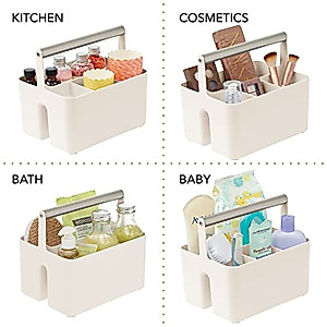 mDesign Plastic Shower Caddy Storage Organizer Utility Tote, Divided Basket Bin - Metal Handle for Bathroom, Dorm, Kitchen, Holds Soap, Shampoo, Conditioner - Aura Collection - Cream/Beige/Satin