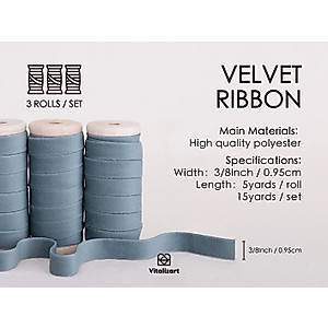 Vitalizart Dusty Blue Velvet Ribbon Set 3/8" x 15 Yd Wooden Spool Fabric Trim 3 Rolls * 5 Yd for Christmas Wreath Decoration Handmade Craft Ornaments Gift Wrapping & Bow Making