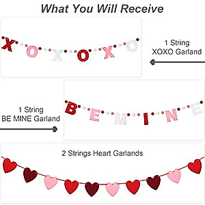 ADXCO 4 Pieces Valentine's Day Garland Banner Set XOXO Be Mine Felt Ball Pom Pom Garland Love Heart Shaped Banner Decorations Romantic Red Pink White Party Supplies for Valentine, Wedding, Engagement