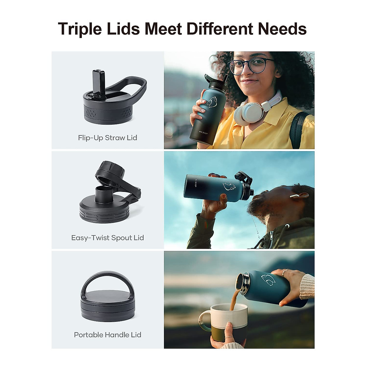 BUZIO 32oz Insulated Stainless Steel Water Bottle with Straw Lid, Spout Lid, Hand Lid and Carrying Pouch, Double Wall Water Bottle, Leakproof BPA Free Water Falsk Travel Thermo, Indigo Crush