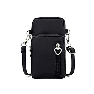 Women Nylon Cell Phone Purse Wallet Pouch Mini Crossbody Shoulder Bag Zip Handbag with Card Pocket (Black)