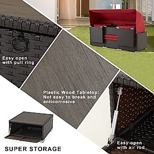 HOMREST 6 Pieces Patio Furniture Sets, Rattan Daybed with Retractable Canopy, Outdoor Sectional Sofa Set with Adjustable Backrest, Chaise Chair Sunbed for Garden Poolside Backyard (Wine Red)