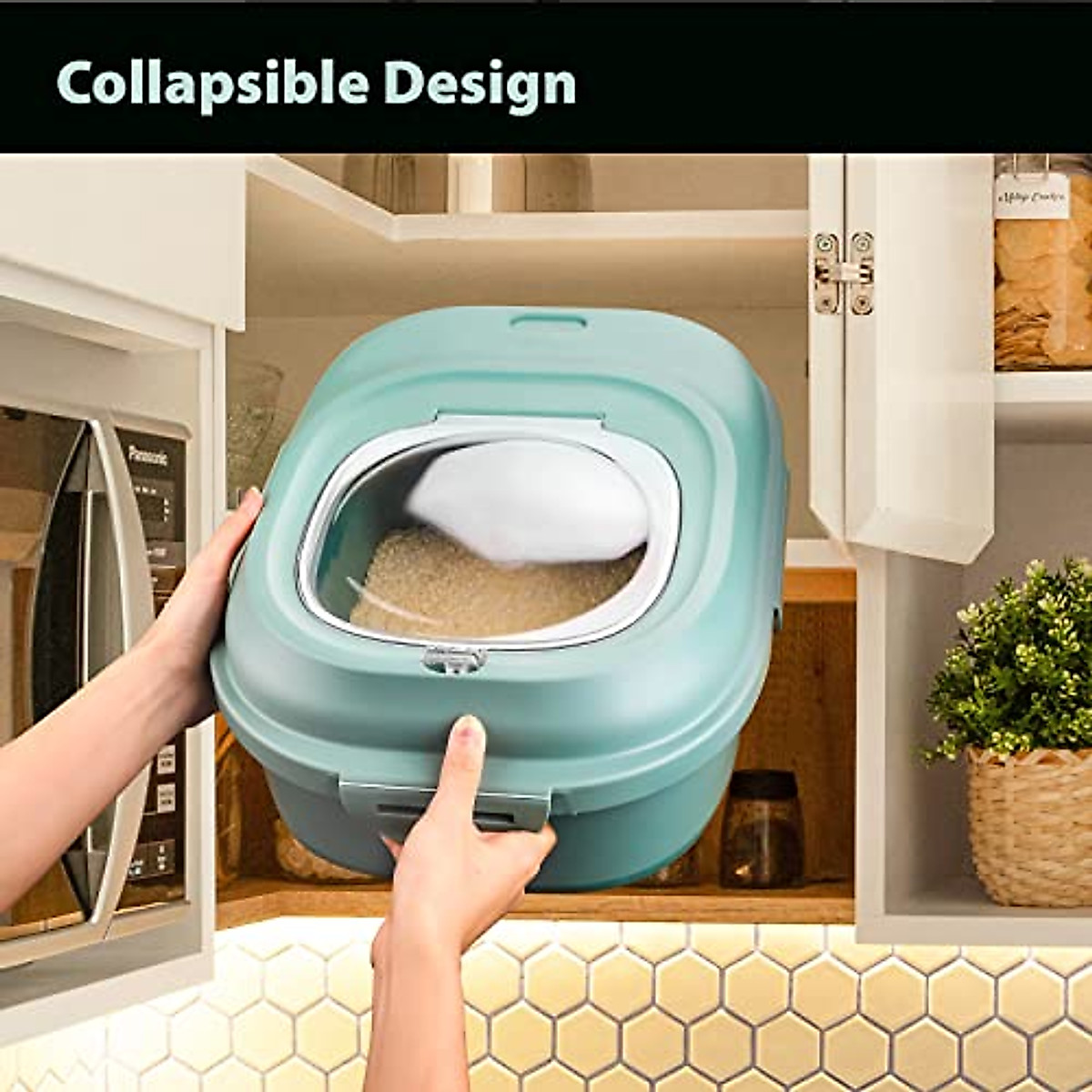 Viretec Large Rice Storage Container, 20lb to 50lb Collapsible Dry Food Storage Bins with Flip Lid and Rolling Wheel, Kitchen Organization Pantry to Store Cereal Flour, Dog Cat Food Storage Container