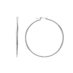 14k REAL White Gold 25MMx1.5MM Thickness Classic Polished Round Tube Hoop Earrings with Snap Post Closure For Women