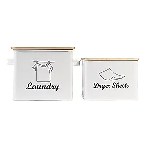 Xbopetda Set of Laundry Powder Bin & Dryer Sheets Holder, Laundry Detergent Powder Storage Box with Scoop, Wooden Lid & Handles, Metal Laundry Dryer Sheet Dispenser for Laundry Room Decor-White