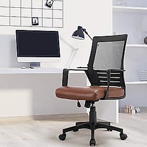 Yaheetech Ergonomic Home Office Chair Leather and Mesh Combine Desk Chair Rolling Swivel Adjustable Mesh Chair with Lumbar Support and Armrests for Office and Home, Brown