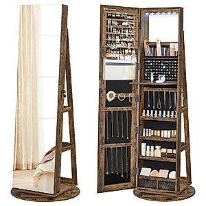 SONGMICS 6 LEDs Lockable Mirror Jewelry Cabinet, 360°Swivel Jewelry Organizer, Standing Jewelry Armoire, Frameless Full-Length Mirror, 3 Storage Shelves, Rustic Brown Surface, Black Lining UJJC007X01