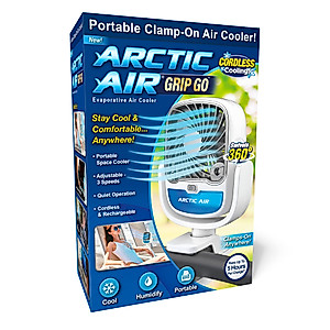 Arctic Air Portable Fan, Grip Go 3 Speed Small Fan, Great Stroller Fan, Travel or Desk Fan, Cordless Personal Evaporative Air Cooler, Universal Clamp for Indoor & Outdoor Use, 360 Degree Head Swivel