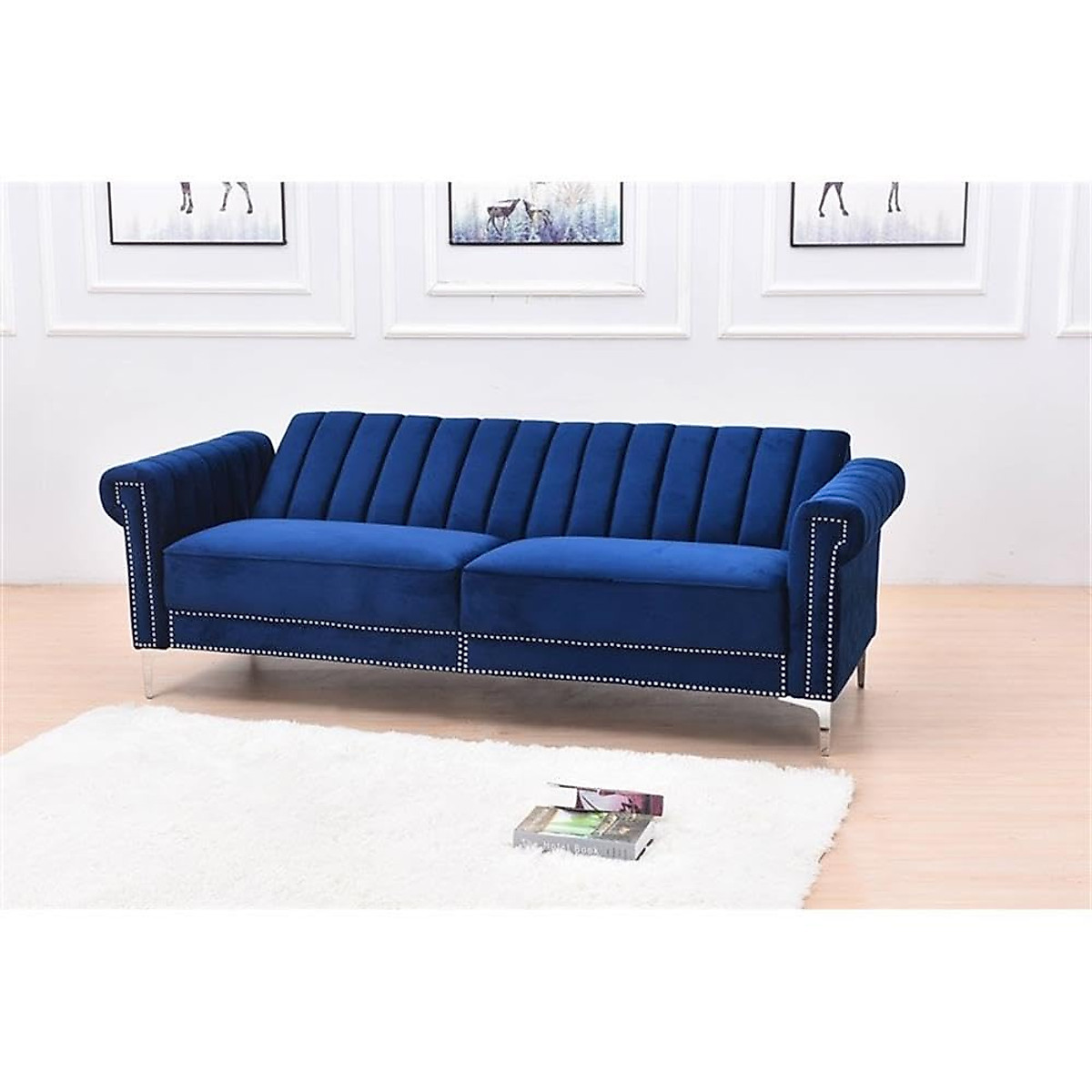 Legend Vansen 82.7" Convertible Modern Wood & Velvet Fabric Sofa Bed in Blue