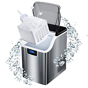 R.W.FLAME Nugget Ice Maker Countertop, Pebble/Pellet Ice Maker，Ice Ready in 10-15 Mins, 44Lbs/24H, Auto Self-Cleaning, with LCD Screen for Home Office Party Bar,Silver