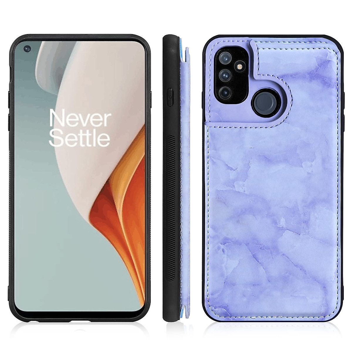Asuwish Phone Case for OnePlus Nord N100 with Tempered Glass Screen Protector and Flip Marble Wallet Cover Card Holder Stand Accessories One Plus N 100 4G 1 Plus 1plus One+ 1+ 100N 5G Women Men Purple