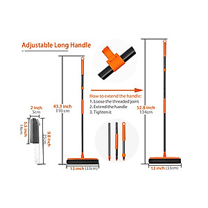 JEHONN Rubber Broom Carpet Rake for Pet Hair Remover, Fur Removal with Squeegee, Portable Detailing Brush Brush, 52.8 Inches Telescopic Long Handle for Fluff Carpet