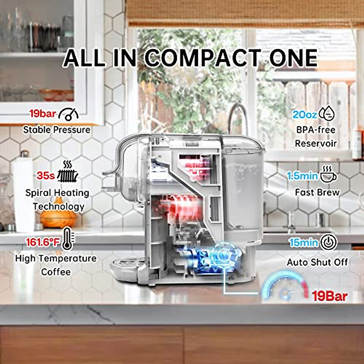 Compact Coffee Maker for Single Pods, HiBREW 5-in-1 Espresso Machine for Kcup*/Nes* Original/DG*/ESE Pod/Espresso Powder Compatible, Cold/Hot Mode, 20 oz Removable Reservoir, LED Bars Indicator,19 Bar