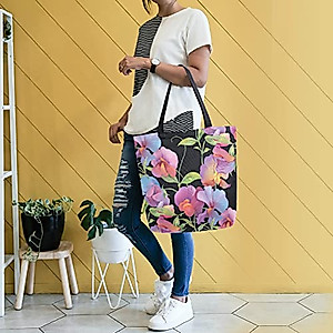 ALAZA Sweet Pea Flower Floral Large Canvas Tote Bag Shopping Shoulder Handbag with Small Zippered Pocket