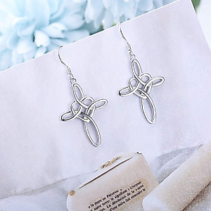 Sllaiss Sterling Silver Celtic Knot Cross Dangle Earrings White Gold Plated Good Luck Vintage Cross Drop Earrings Irish Jewelry (Silver)