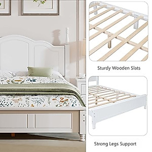 Queen Size Classic Wood Platform Bed Frame with Headboard, Solid Wood Foundation / No Box Spring Needed / Wood Slat Support / Easy Assembly for Family Bedroom Apartment Boys Girls Room (White, Queen)