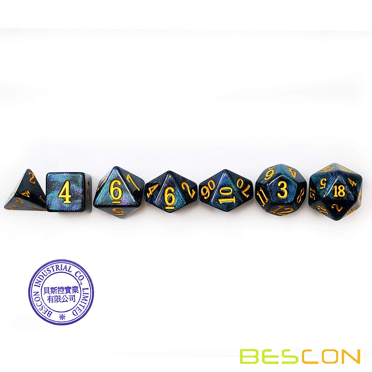 Bescon Starry Night Dice Set Series, 7pcs Polyhedral RPG Dice Set Midnight, Polybag Packing