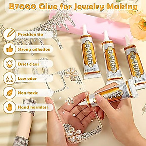 B7000 Adhesive Glue Rhinestone Kit, 4 x 15ML B-7000 Clear Craft Glue with Crystal Flatback Gems, Rhinestone Tools for Fabric, Cloth, Shoes, Nail Art, DIY Jewelry Making