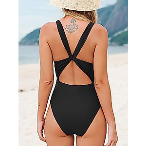 CUPSHE Women One Piece Swimsuit Deep V Neck Tummy Control Ruched V Back Classic Bathing Suits XL Black