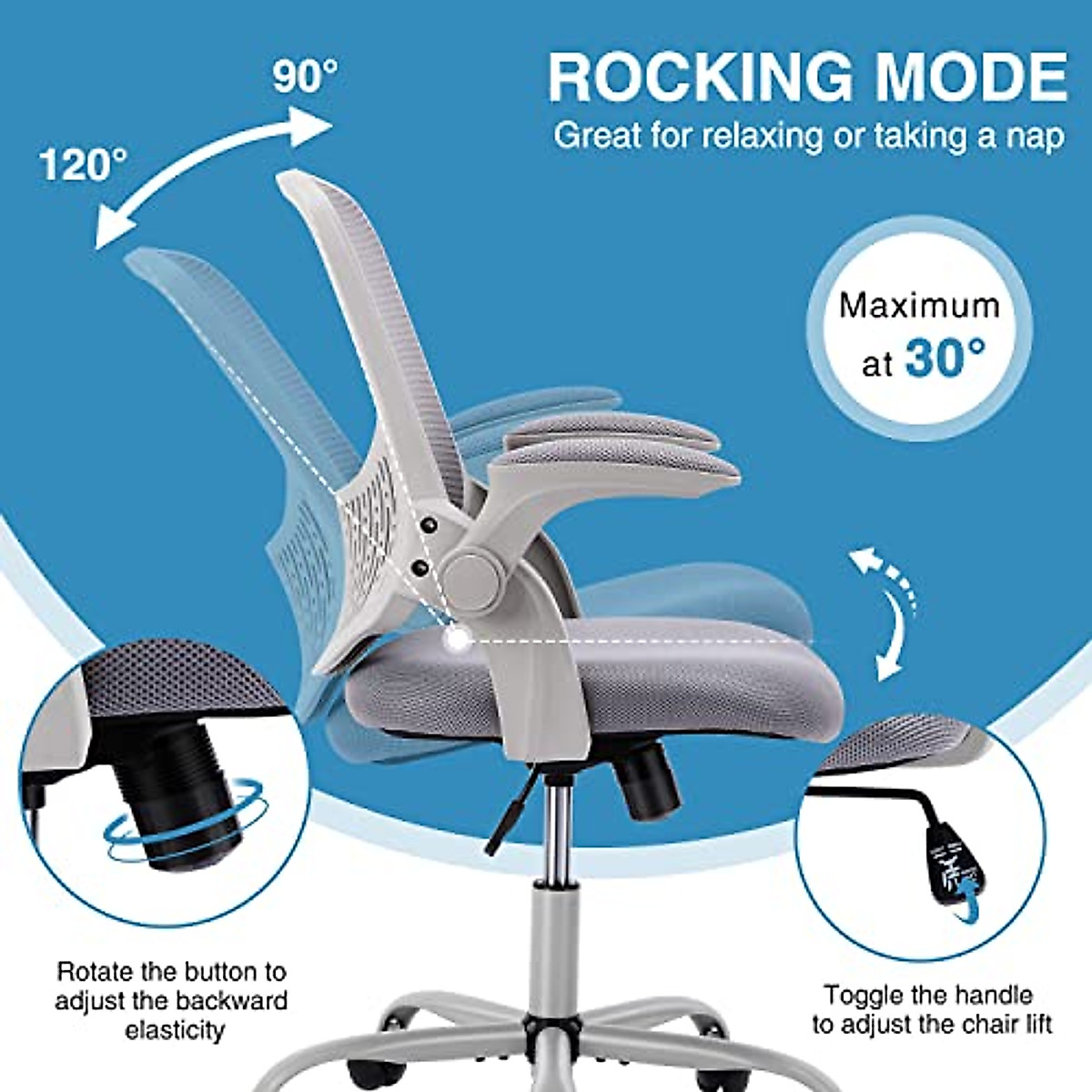 JHK Ergonomic Computer Mesh Home Office Desk Armrests, Rolling Swivel Chair with Lumbar Support Height Adjustable, Grey, Flip-up Arms