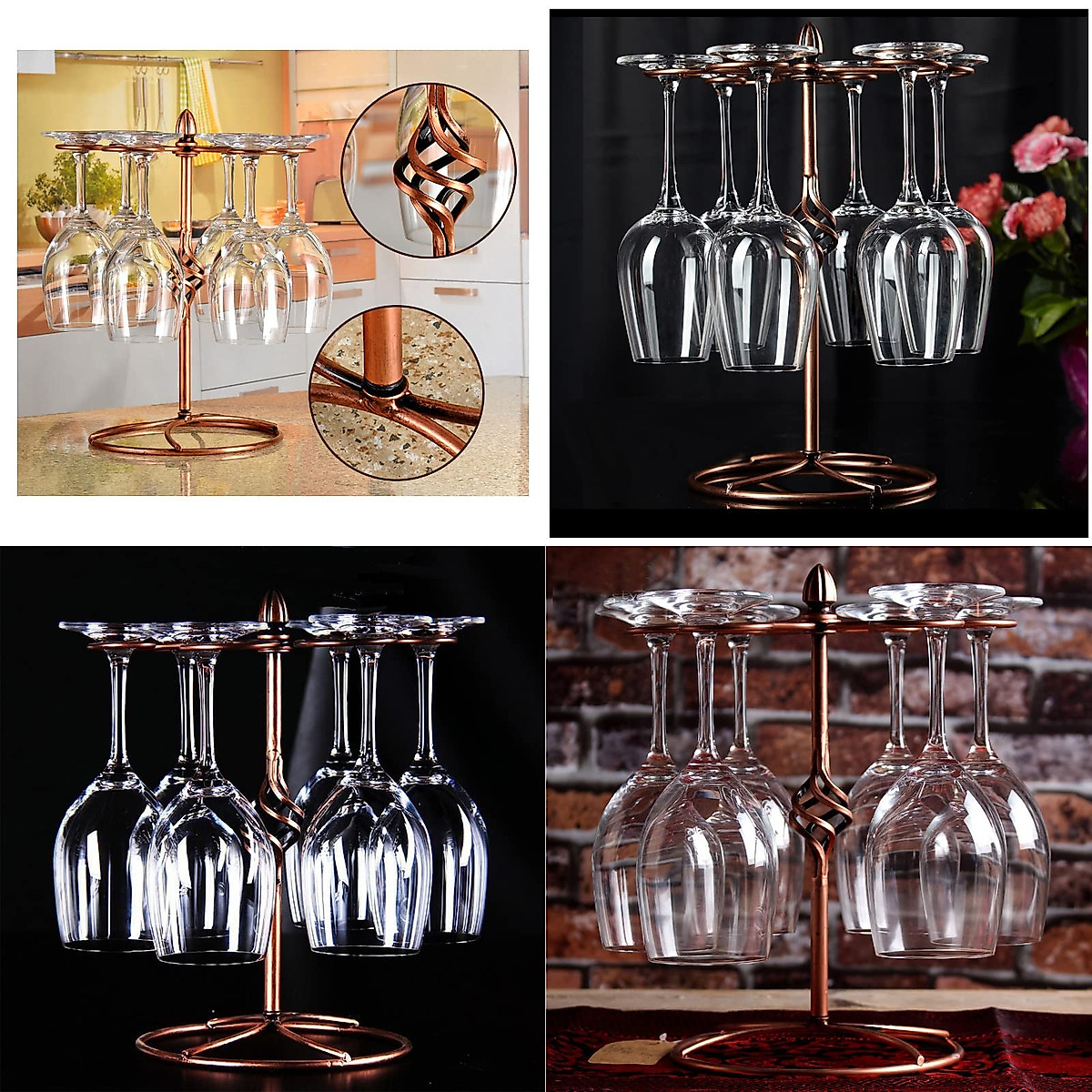 Okllen 2 Pack Scrollwork Wine Glass Rack with 6 Hooks, Metal Stemware Holder Stand Freestanding Wine Glass Holder Display Rack for Tabletop, Bar Countertop, Air Drying, Kitchen Home Storage, Bronze