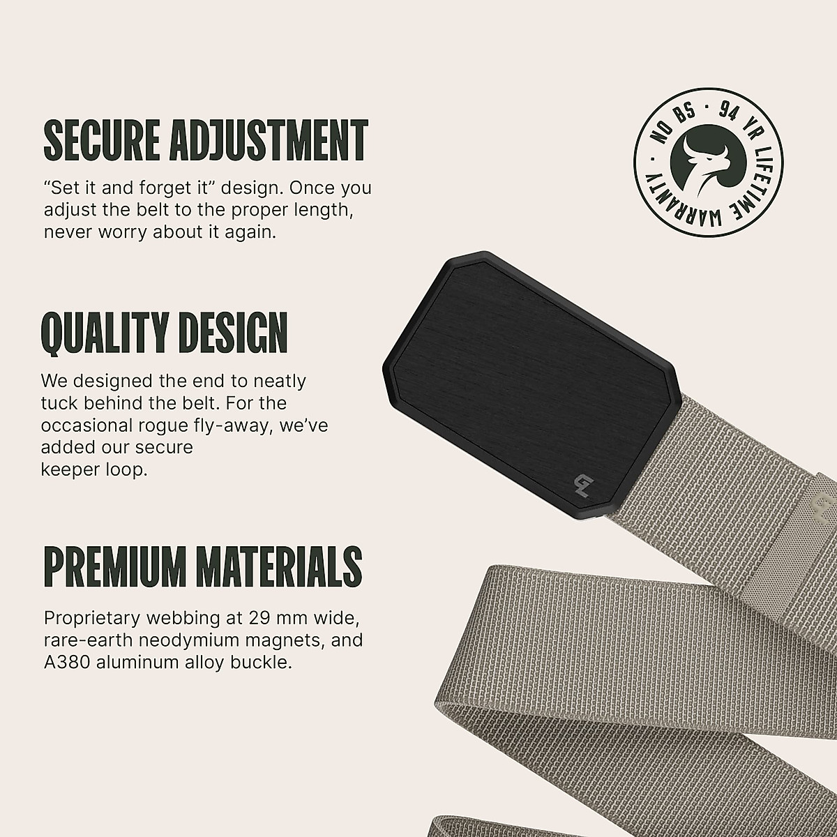 Groove Life Groove Belt Gun Metal/Flat Earth - Men's Stretch Nylon Belt with Magnetic Aluminum Buckle, Lifetime Coverage - X-Large (41-50")