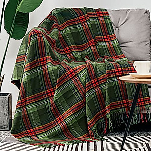 LALIFIT Soft Fluffy Green Red Plaid Fringe Blanket, Lightweight Throw with Tassels for Home Decor, 50" x 60"