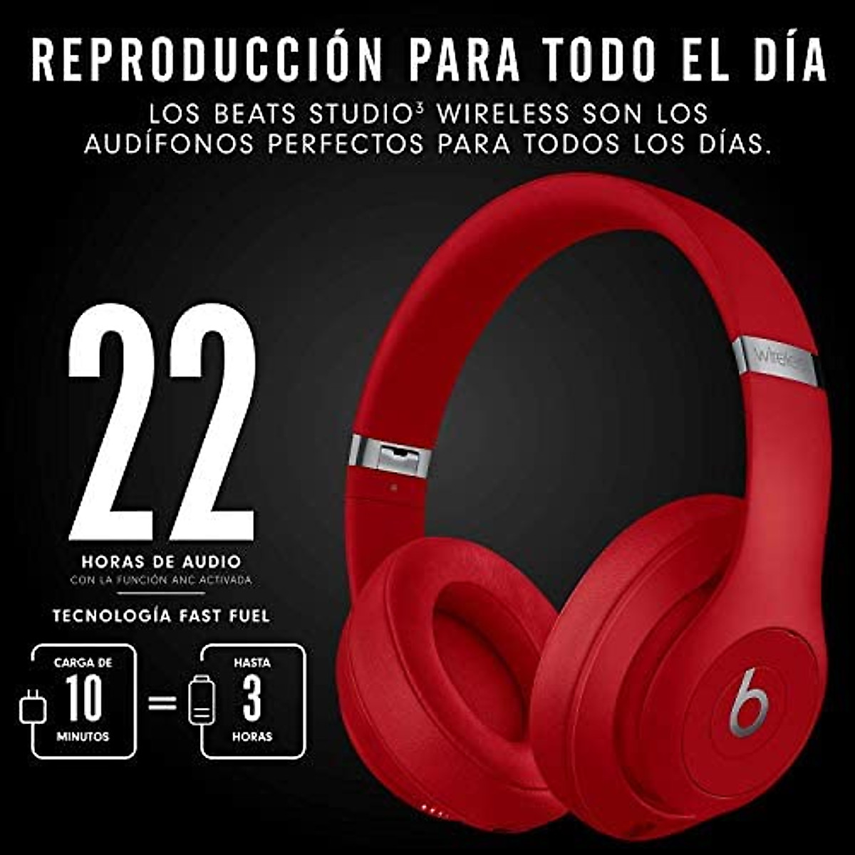 Beats Studio3 Wireless Noise Cancelling Over-Ear Headphones - Apple W1 Headphone Chip, Class 1 Bluetooth, 22 Hours of Listening Time, Built-in Microphone - Red