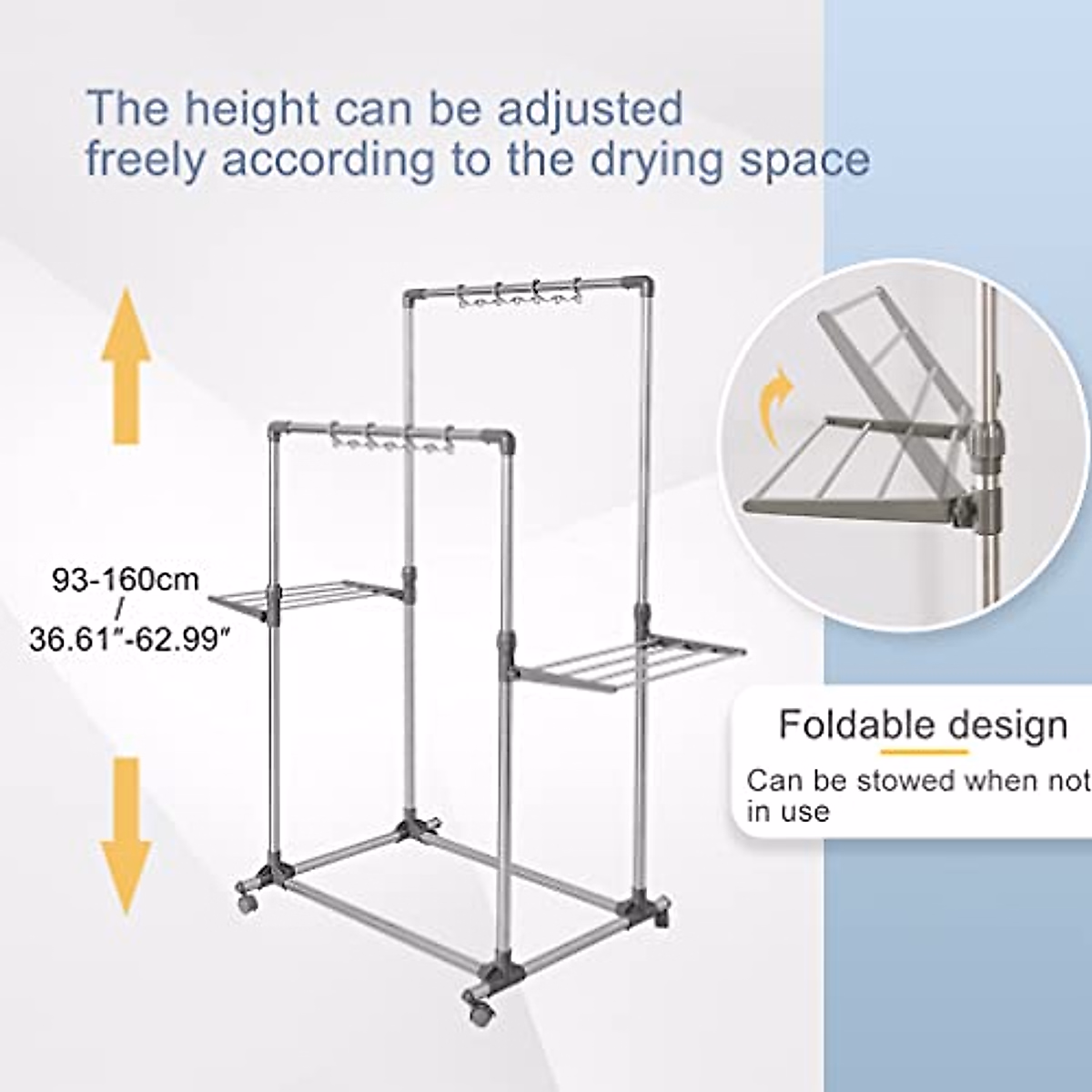 Hershii Rolling Garment Racks for Hanging Clothes Heavy Duty Clothing Drying Rack Double Rails Laundry Hanger Storage Organizer with Foldable Shelves & Windproof Hooks - Height Adjustable