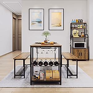 HITHOS 3-Piece Dining Table Set, Rustic Wood Kitchen Dinner Table with Benches for 4, Breakfast Nook Table with Wine Rack and Glass Holder, Rustic Brown