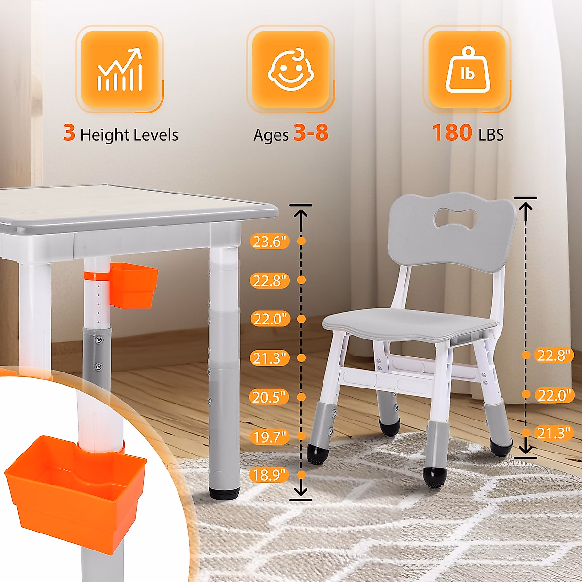 JOYMOR Height-Adjustable Kids Table and 2 Chairs Set, Toddler Table and Chair Set for Kids 2-8 Suitable for Crafts and Study, 2 Pen Boxes, Graffiti Tabletop, Anti-Slip Chair Legs (Light Grey)