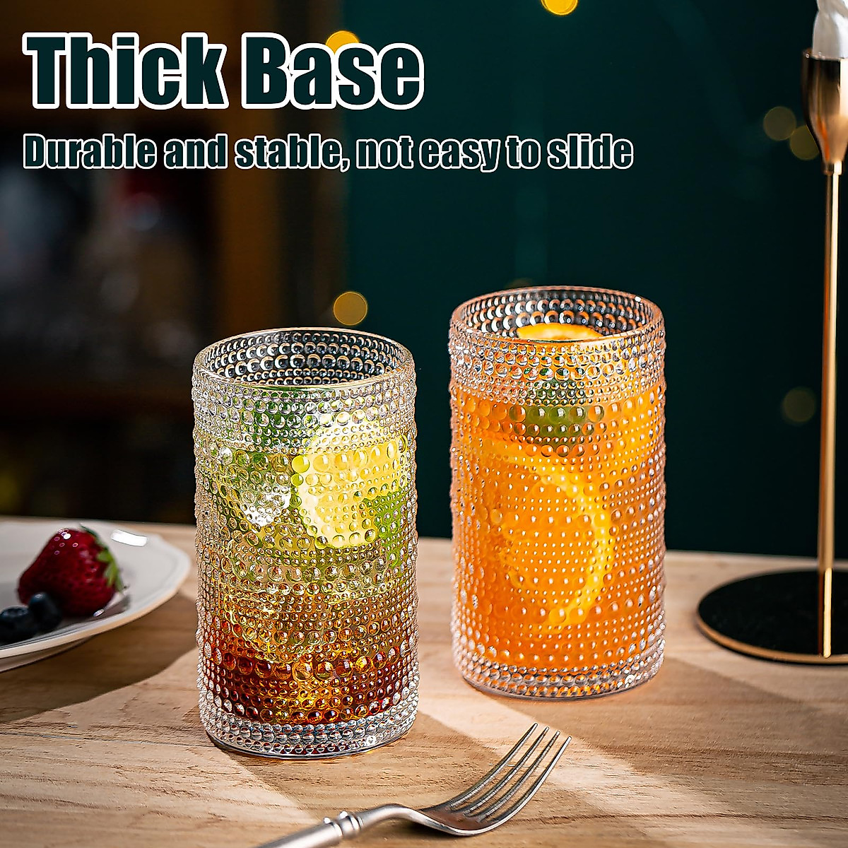 wookgreat Drinking Glasses, 8 pcs Embossed Designed Glass Cups, 15oz Highball Glasses, Tall Water Glass Tumbler, Mojito Cups, Cocktail Glass, Vintage Glassware Set for Water, Juice, Cocktail, Whiskey