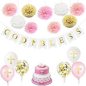 CHRORINE Baptism First Communion Confirmation Decorations for Girls, Mi Bautizo Decorations, God Bless Banner, Balloons- Pink Set