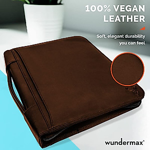 Wundermax 13x10.7x1.9in Vegan Leather Padfolio for Men/Women with Handle, Zipper, Notepad, Detachable Binder, Tablet Pocket - Brown