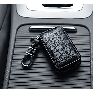 Buffway Car Key case,Genuine Leather Car Key Chain Keychain Holder Metal Hook and Keyring Zipper Bag for Remote Key Fob - Black