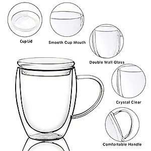 ALLYCE 15 Oz Double Walled Coffee Cups Glass Coffee Mugs Clear Coffee Mug with Lid Insulated Coffee Mug Perfect for Cappuccino,Tea,milk,Espresso,juice, Hot Beverage with Handle (15oz, with glass lid)