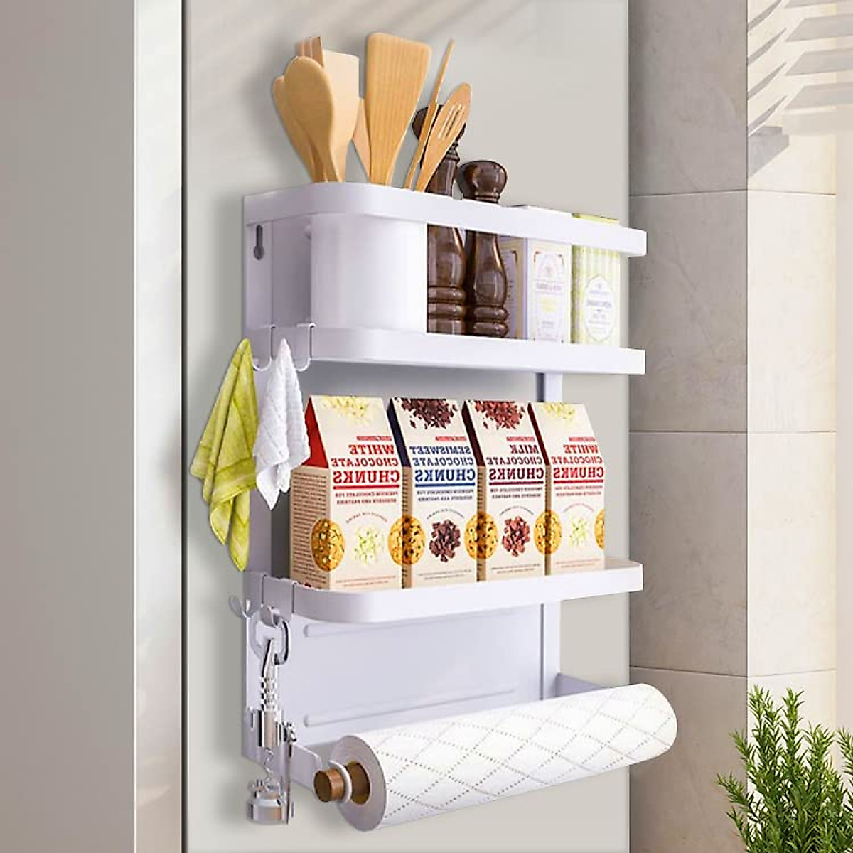 Couah Magnetic Spice Rack , Magnetic Paper Towel Holder Kitchen with 2-Tier Magnetic Shelf and 1 Paper Towel Roll Holders for Magnetic Spice Rack for Refrigerator -White