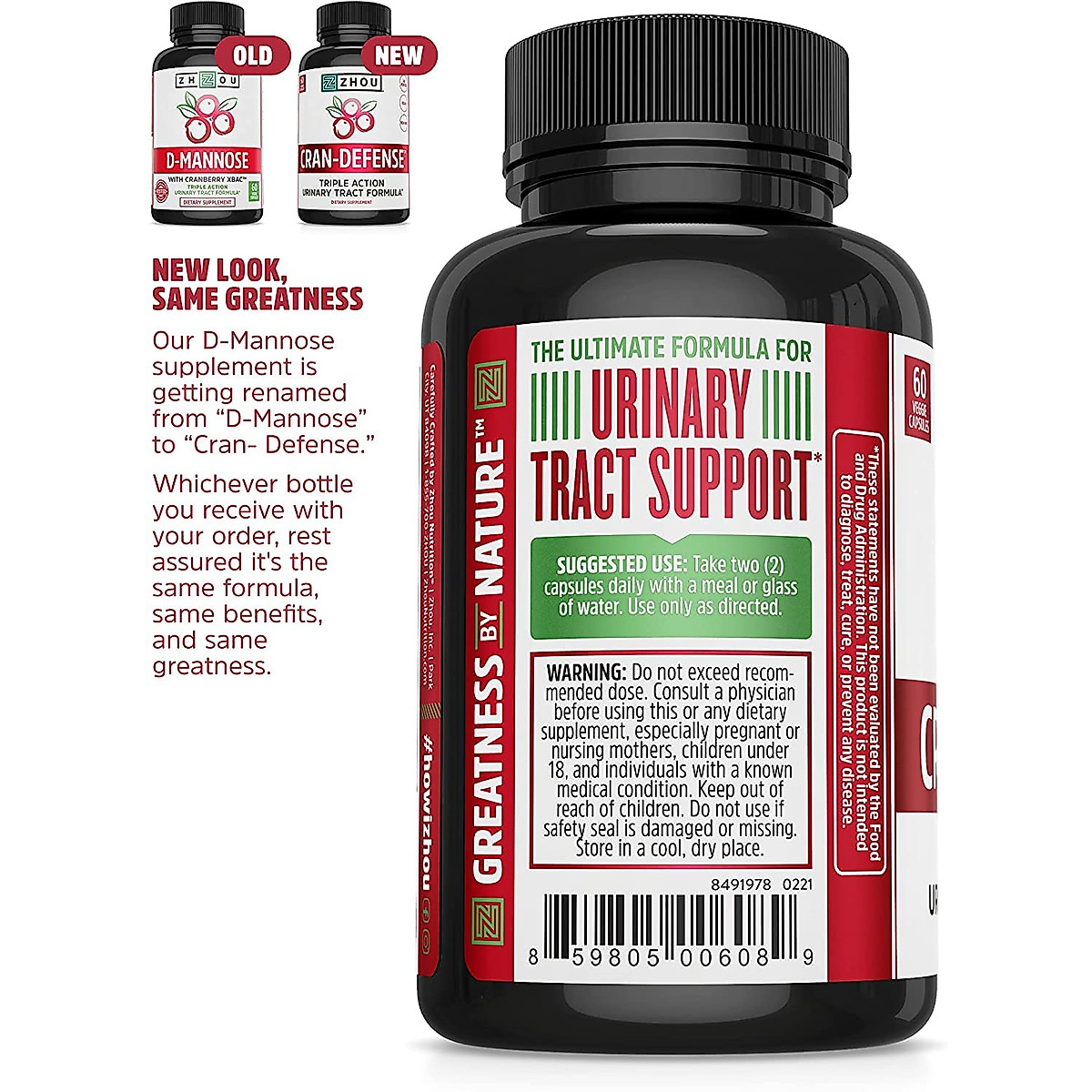 Zhou Nutrition Cran Defense, Cranberry Concentrate Urinary Tract Formula, Flush Out Impurities and Healthy Bladder Support, 3 in 1 Formula - Cranberry Extract, D-mannose, Vitamin C, Multi - 60 Count